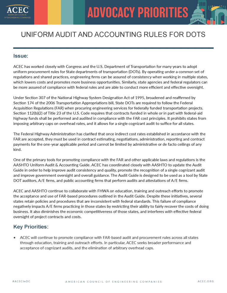 Fact Sheet on Uniform Audit and Accounting Rules for State DOTs – ACEC